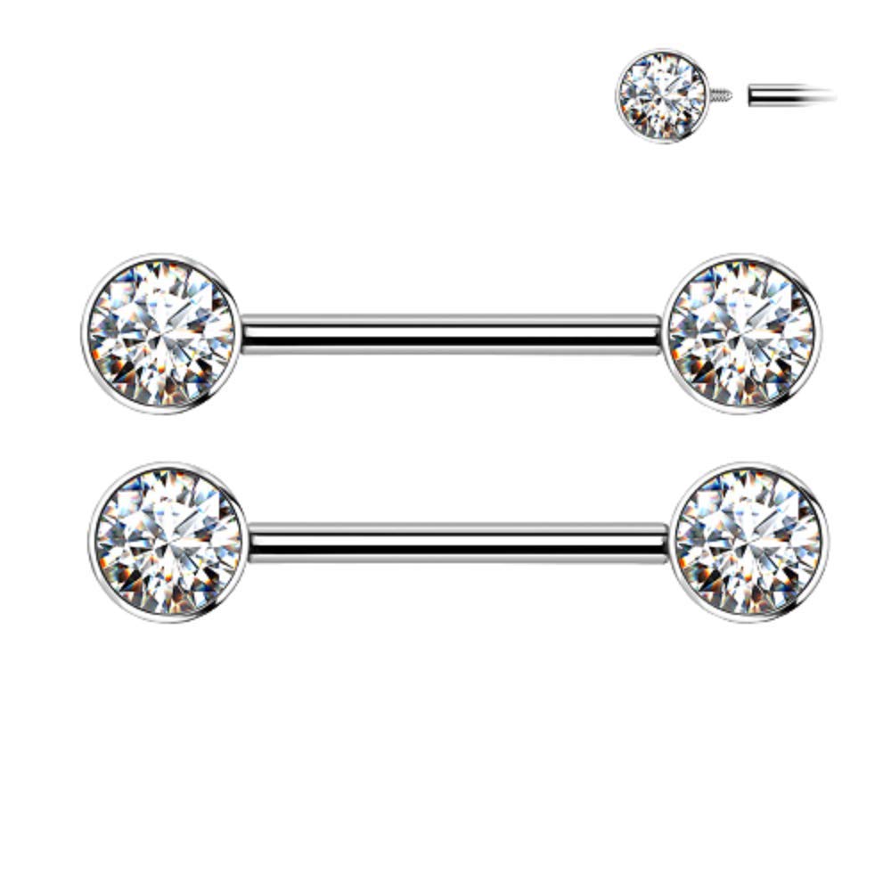 Pierced Owl 14G Implant Grade Titanium Internally Threaded Bezel Set Crystal Nipple Barbells, Sold as a Pair (Clear)