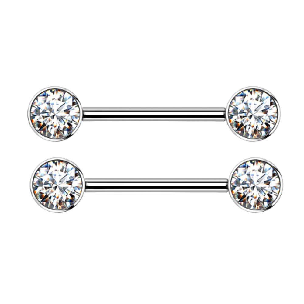 Pierced Owl 14G Implant Grade Titanium Internally Threaded Bezel Set Crystal Nipple Barbells, Sold as a Pair (Clear)