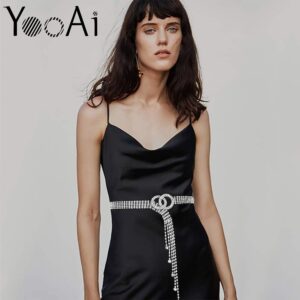 YooAi Crystal Waist Belt for Women Rhinestone Chain Belt O-Ring Waistband Belt for Dress Silver 105cm