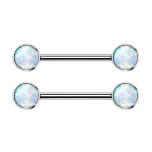 pierced owl 14g implant grade titanium internally threaded bezel set synthetic opal nipple barbells, sold as a pair (white)