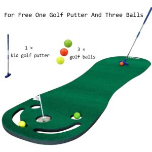 KOFULL Putting Green Mats Set for Golf Putting Use, Included 29 inches Golf Putter, 3 Golf Balls, Training Aid Put Cup & Flags, Practicing Putt Green Carpet for Children Putting Indoor Outdoor