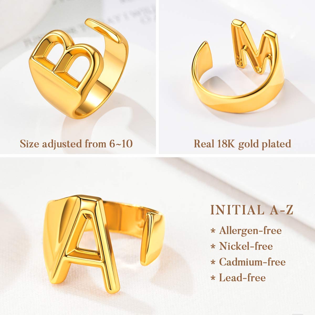 FOCALOOK Gold Initial Letter Open Ring Adjustable Women Statement Rings Party|Women Signet Ring|18K Gold Plated Bold Open Alphabet Rings|Letter A to Z (E)