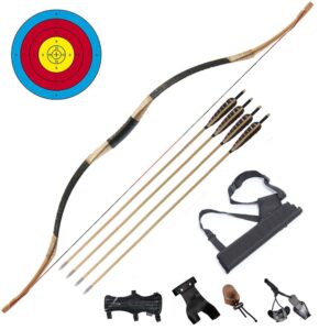 toparchery traditional handmade longbow horsebow recurve bow and arrow set archery hungarian style horsebow with wooden arrows for outdoor training 30-50 lbs (50)