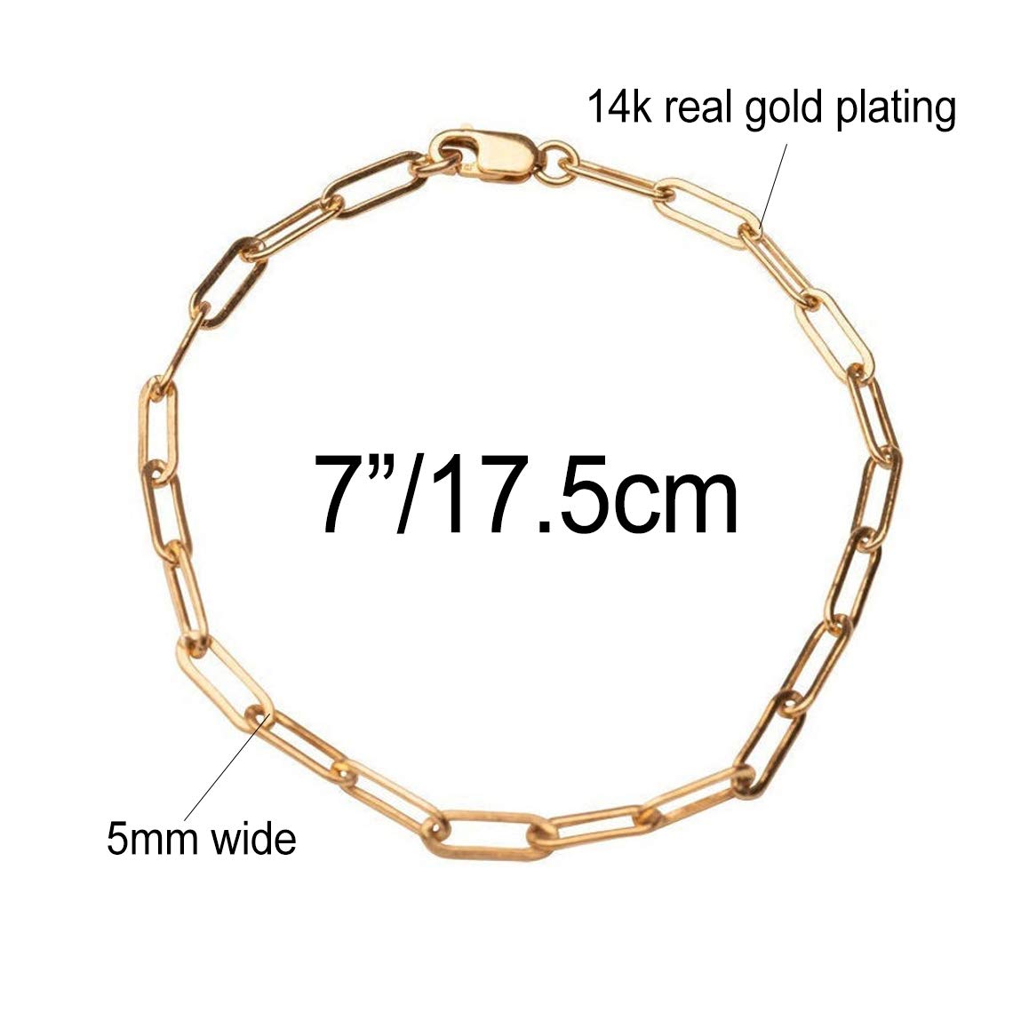 kelistom 14K Gold Filled Stainless Steel Paperclip Chain Bracelet for Women and 7.5” Rectangle Link Bracelets, Waterproof and Never Tarnish (14K gold)