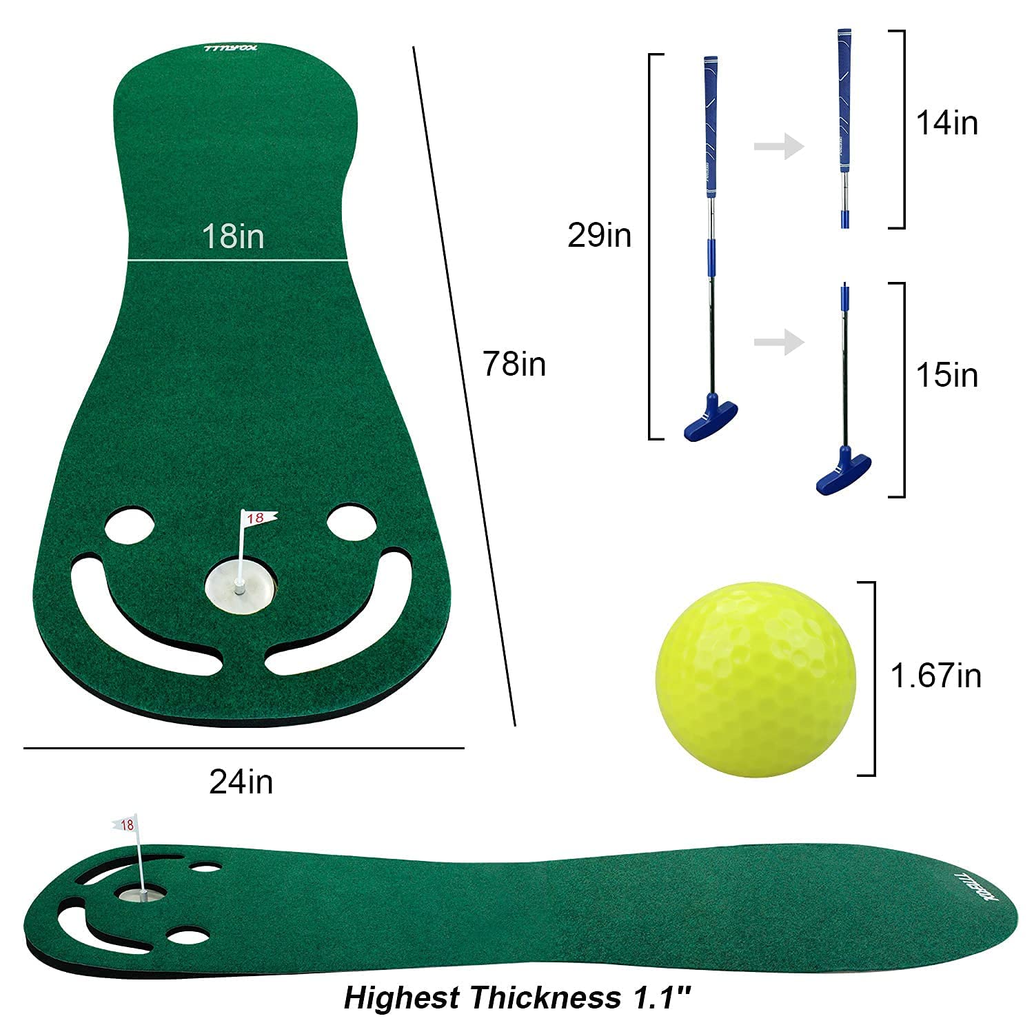 KOFULL Putting Green Mats Set for Golf Putting Use, Included 29 inches Golf Putter, 3 Golf Balls, Training Aid Put Cup & Flags, Practicing Putt Green Carpet for Children Putting Indoor Outdoor