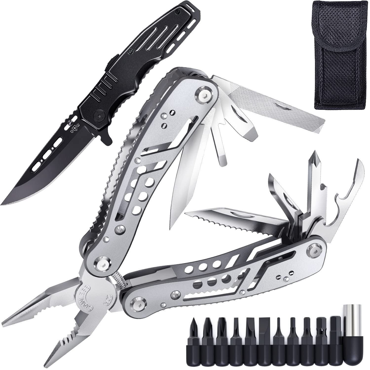 Grand Way Bundle of 2 Items - Spring Assisted Knife - Pocket Folding Knife - Military Style- Utility Multi Function Gear for Men Best Multi- Tool Kit for Work EDC Camping Backpacking