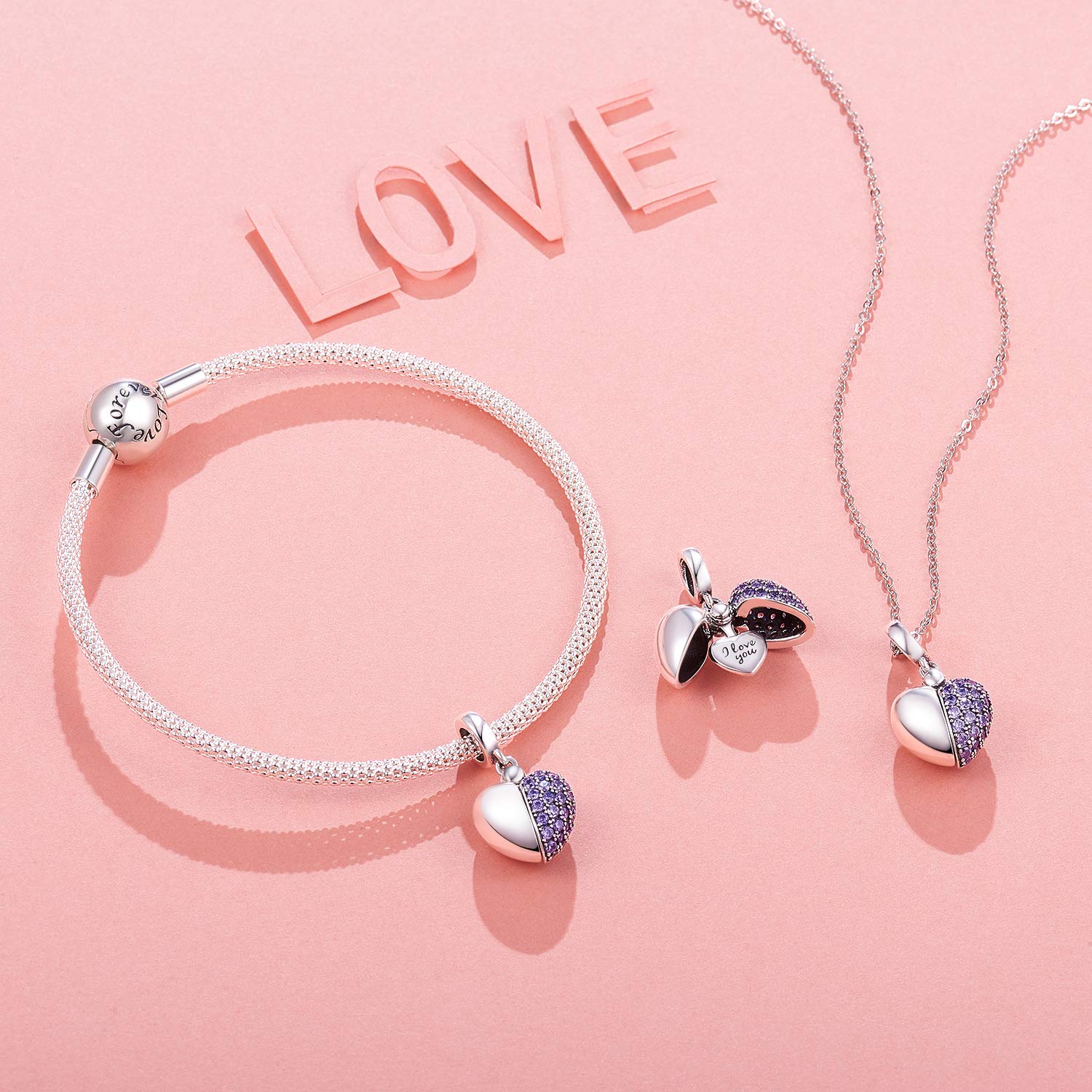 NINGAN “I Love You” Light Purple Love Heart Dange Charm 925 Sterling Silver Pendant Beads fit Bracelets & Necklaces, Birthday Gift for Women