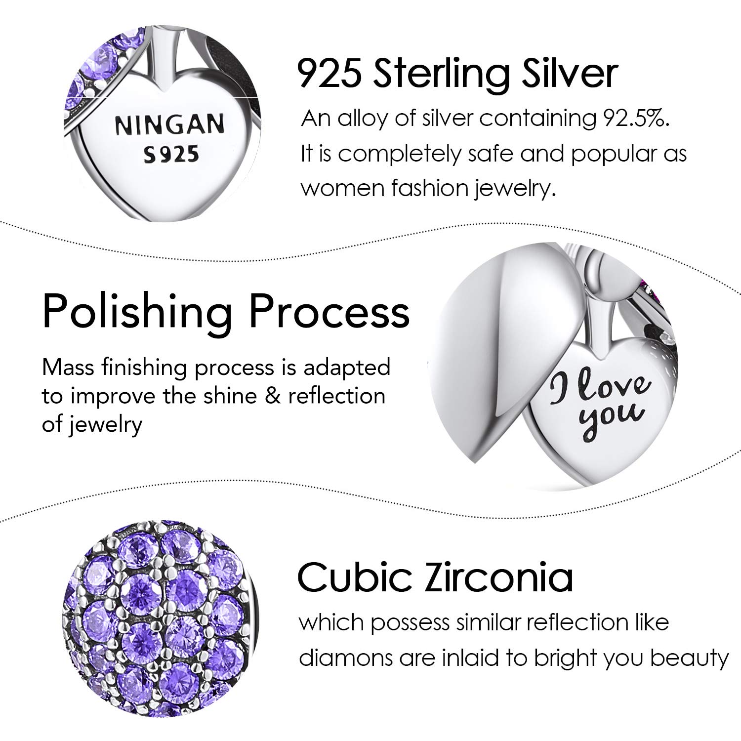 NINGAN “I Love You” Light Purple Love Heart Dange Charm 925 Sterling Silver Pendant Beads fit Bracelets & Necklaces, Birthday Gift for Women