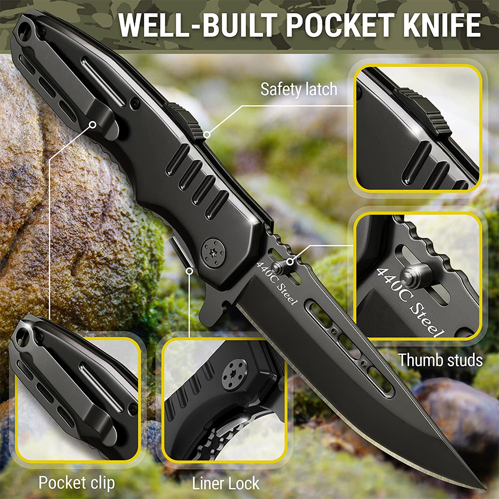 Grand Way Bundle of 2 Items - Spring Assisted Knife - Pocket Folding Knife - Military Style- Utility Multi Function Gear for Men Best Multi- Tool Kit for Work EDC Camping Backpacking