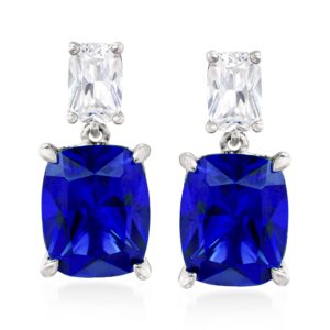 ross-simons 8.50 ct. t.w. simulated sapphire and 1.10 ct. t.w. cz drop earrings in sterling silver