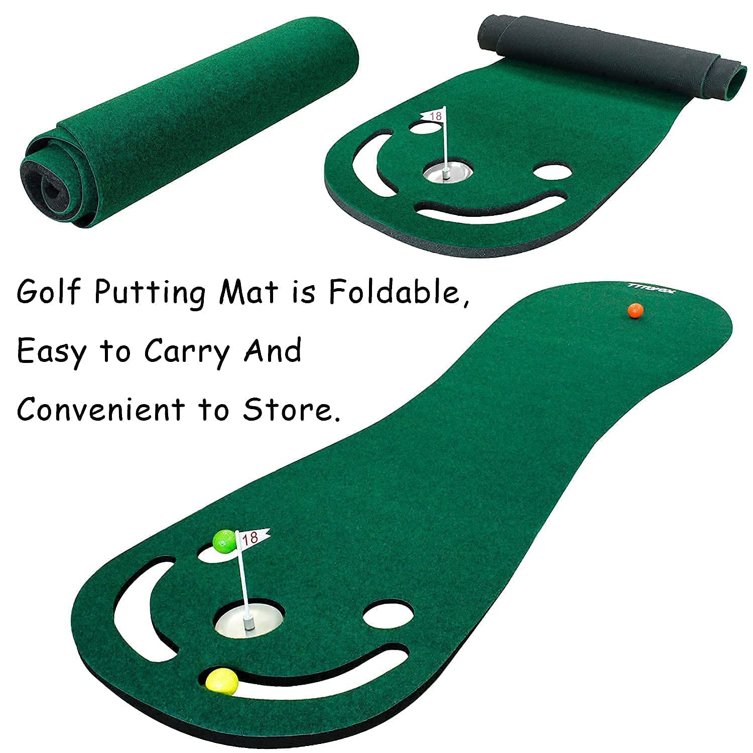 KOFULL Putting Green Mats Set for Golf Putting Use, Included 29 inches Golf Putter, 3 Golf Balls, Training Aid Put Cup & Flags, Practicing Putt Green Carpet for Children Putting Indoor Outdoor