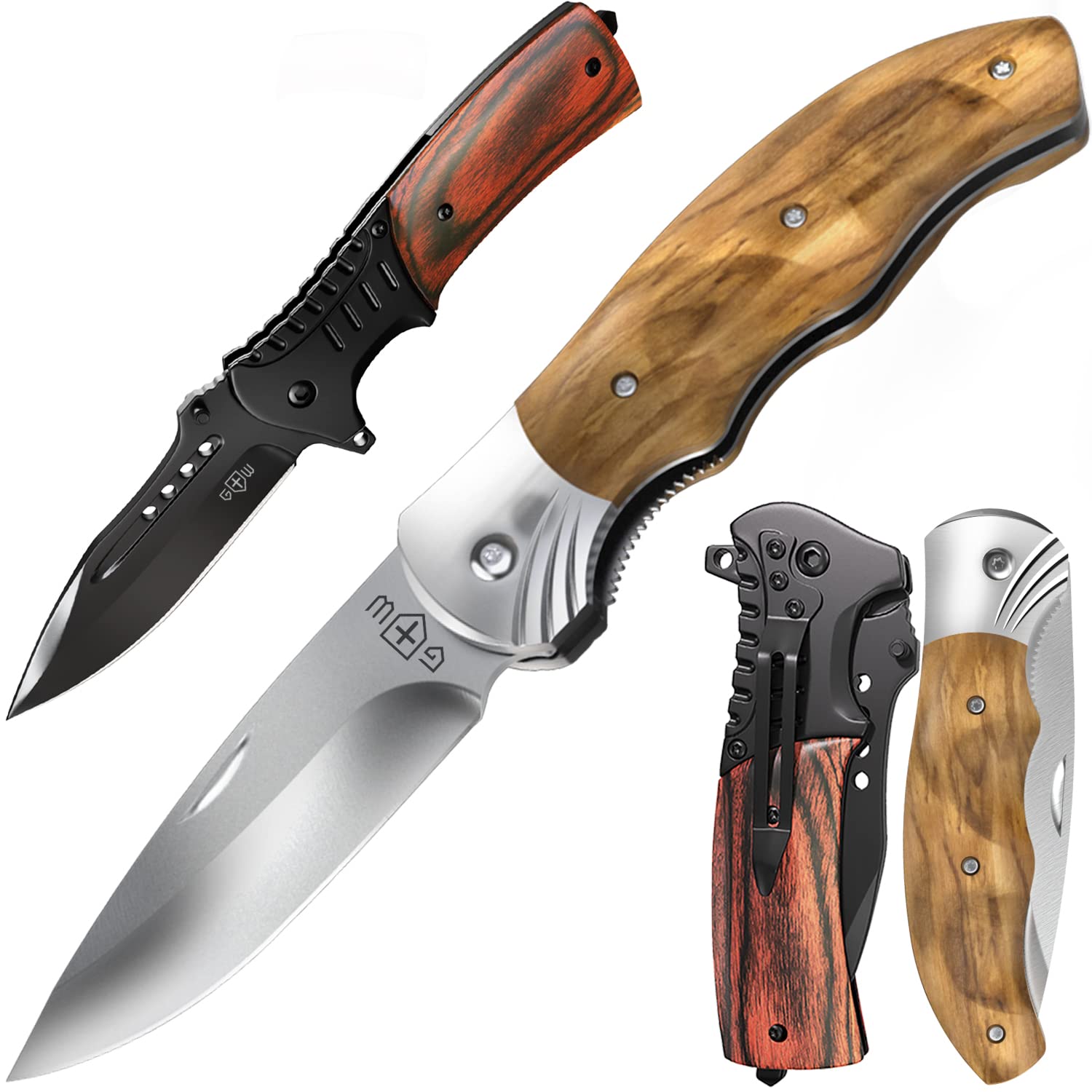 Bundle of 2 Items - Gentleman’s Folding Knife Pocket Knife Knives Knofe Wood Handle Sharp Blade - Pocket Knife for Men - Best Folder for Camping Hunting - Travel Accessories Gear- Pocket Knife Gift