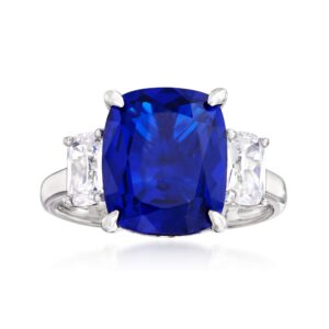 ross-simons 6.25 carat simulated sapphire and 1.10 ct. t.w. cz 3-stone ring in sterling silver. size 6