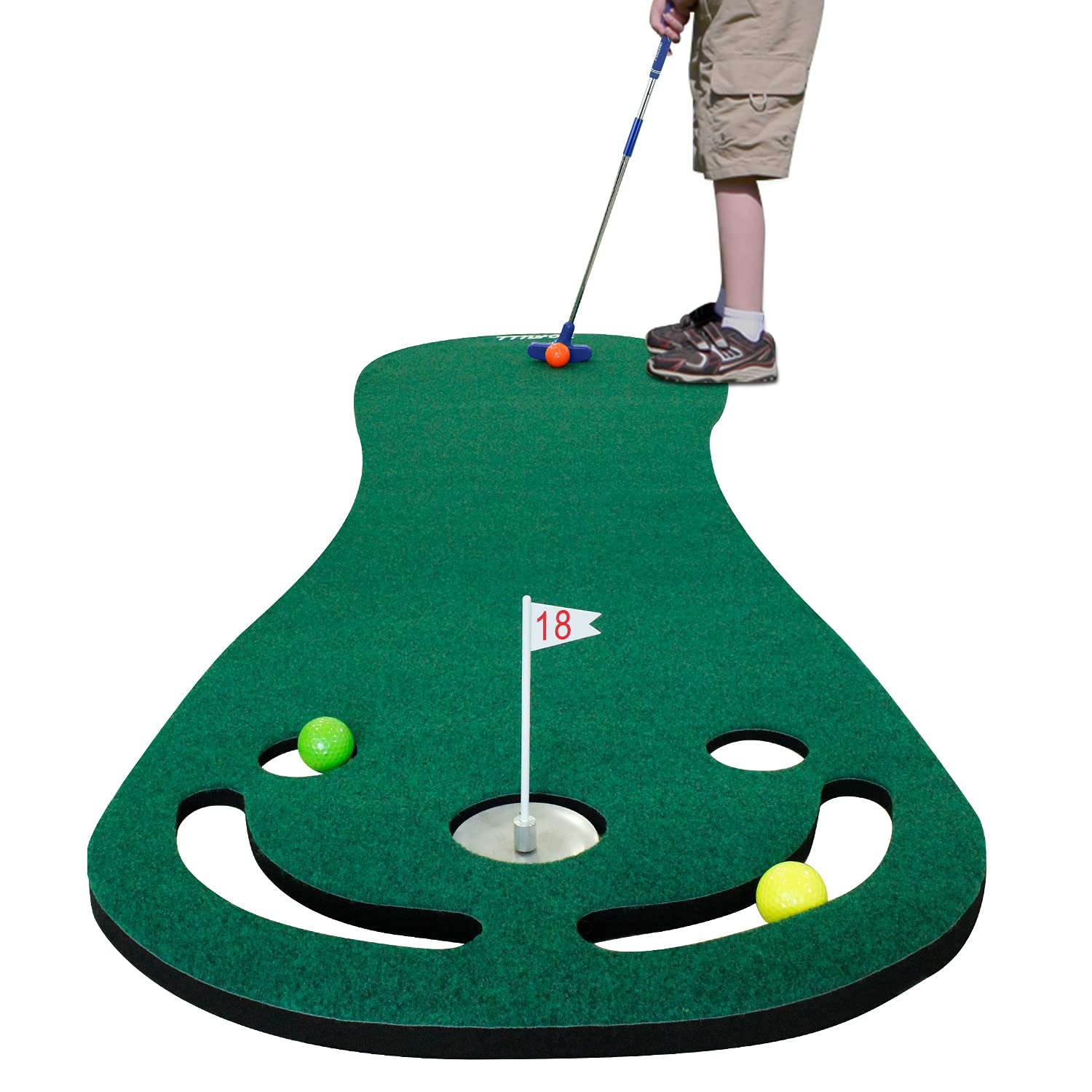 KOFULL Putting Green Mats Set for Golf Putting Use, Included 29 inches Golf Putter, 3 Golf Balls, Training Aid Put Cup & Flags, Practicing Putt Green Carpet for Children Putting Indoor Outdoor