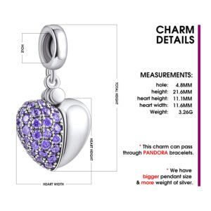 NINGAN “I Love You” Light Purple Love Heart Dange Charm 925 Sterling Silver Pendant Beads fit Bracelets & Necklaces, Birthday Gift for Women