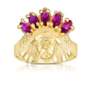 floreo 10k yellow gold 16mm indian tribal chief head cz ring (rube red color gemstone, size 7.5)