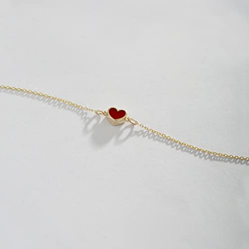 GELIN 14k Solid Gold Red Heart Adjustable Bracelet for Women Valentine's Day Jewelry Gift