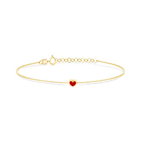 GELIN 14k Solid Gold Red Heart Adjustable Bracelet for Women Valentine's Day Jewelry Gift