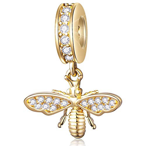 Sparkling Queen Bee Charms Gold Plated 925 Sterling Silver Dangle Charm Insects Nature Garden Beads with Clear CZ Compatible with Pandora Charms Bracelet Necklace Gifts for Women/Wife/Mother/Sister