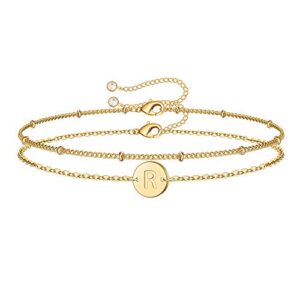 monozo initial charm bracelets for women, dainty 14k gold filled r letter initial bracelet women disc monogram bracelet jewelry gifts for birthday valentines thanksgiving christmas anniversary