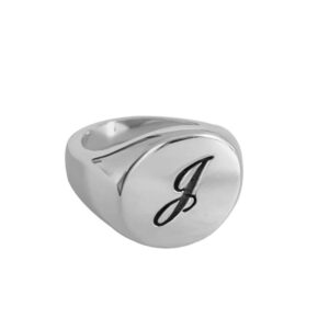 elefezar personalized initial rings large classic round signet ring custom letter for men women (silver)