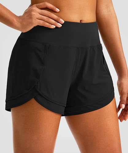 Women's Running Shorts High Waisted Quick-Dry 3 Inch Gym Workout Athletic Shorts for Women with Zipper Pocket(Black, XS)