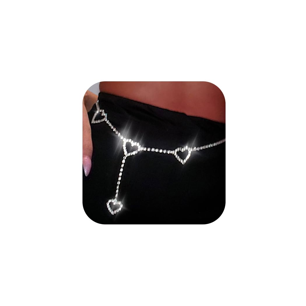 Dresbe Rhinestone Belly Waist Chain Silver Heart Body Chains Party Body Jewelry Accessories for Women