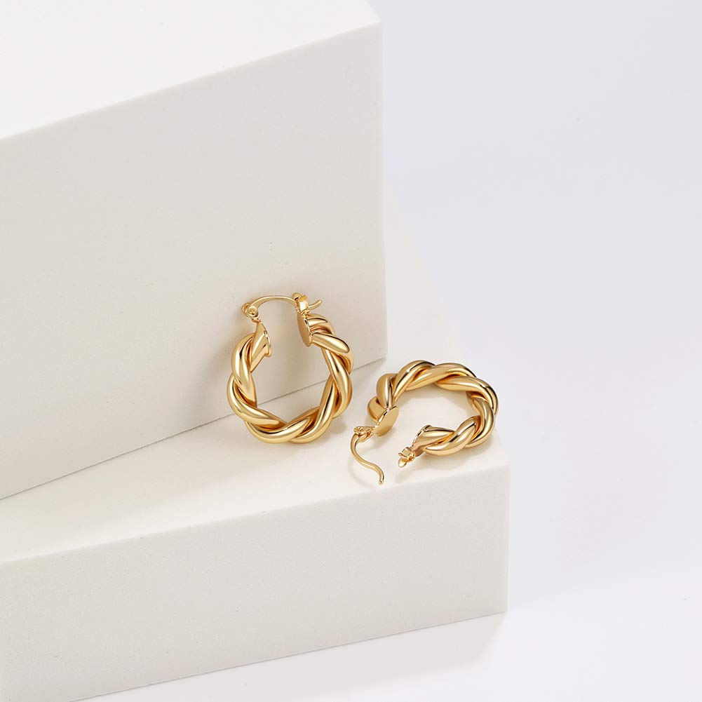 LILIE&WHITE Twisted Gold Chunky Hoop Earrings For Women 14K Gold Plated High Polished Lightweight Hoops For Women Fashion Jewelry Gift For Lovers