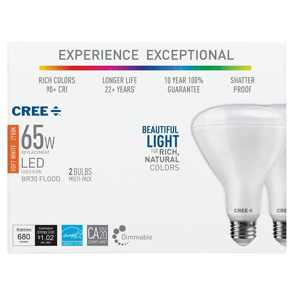 Cree Lighting Exceptional Series BR30 Bulb, 2700K Dimmable LED Bulb, 65W + 680 Lumens, Soft White, 2 Pack