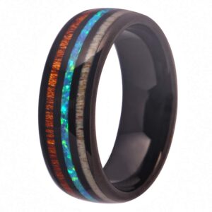 tungsten wedding ring koa wood antler and real blue opal inlay vikings hunting band - free customized ring (8mm black, 9.5)