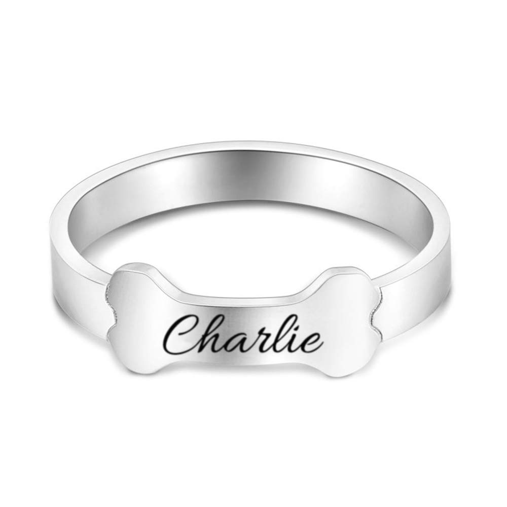 Suxerlry Sterling Silver 925 Personalized Pet Dog Bone Custom Name Engraved Rings Plated Jewelry