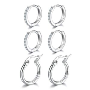 silver hoop earrings- cartilage earring small hoop earrings set/3 pairs of hypoallergenic sterling silver hoop earrings/cubic zirconia cuff earrings for women men (2 pairs 10mm+1 pair 12mm)