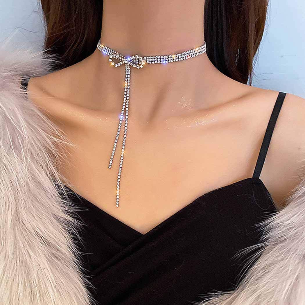 ELABEST Rhinestone Bow Necklace Crystal Bowknot Pendant Choker Dainty Tennis Chain Nightclub Party Jewelry for Women (Silver)