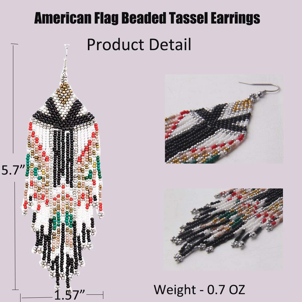 Long Beaded Tassel Earrings - American Flag Drop Earrings Bohemian Beaded, Seed Bead Tribal Dangle Earrings, Pendientes De Borla, Gift Idea for Women (Black Colorful Earrings)