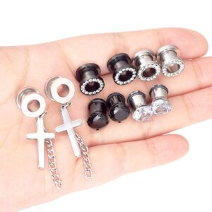 5 Pairs Ear Gauges CZ Diamond Plugs Tunnels Stainless Steel Dangle Cross Earring Expander Stretcher Piercing 0g