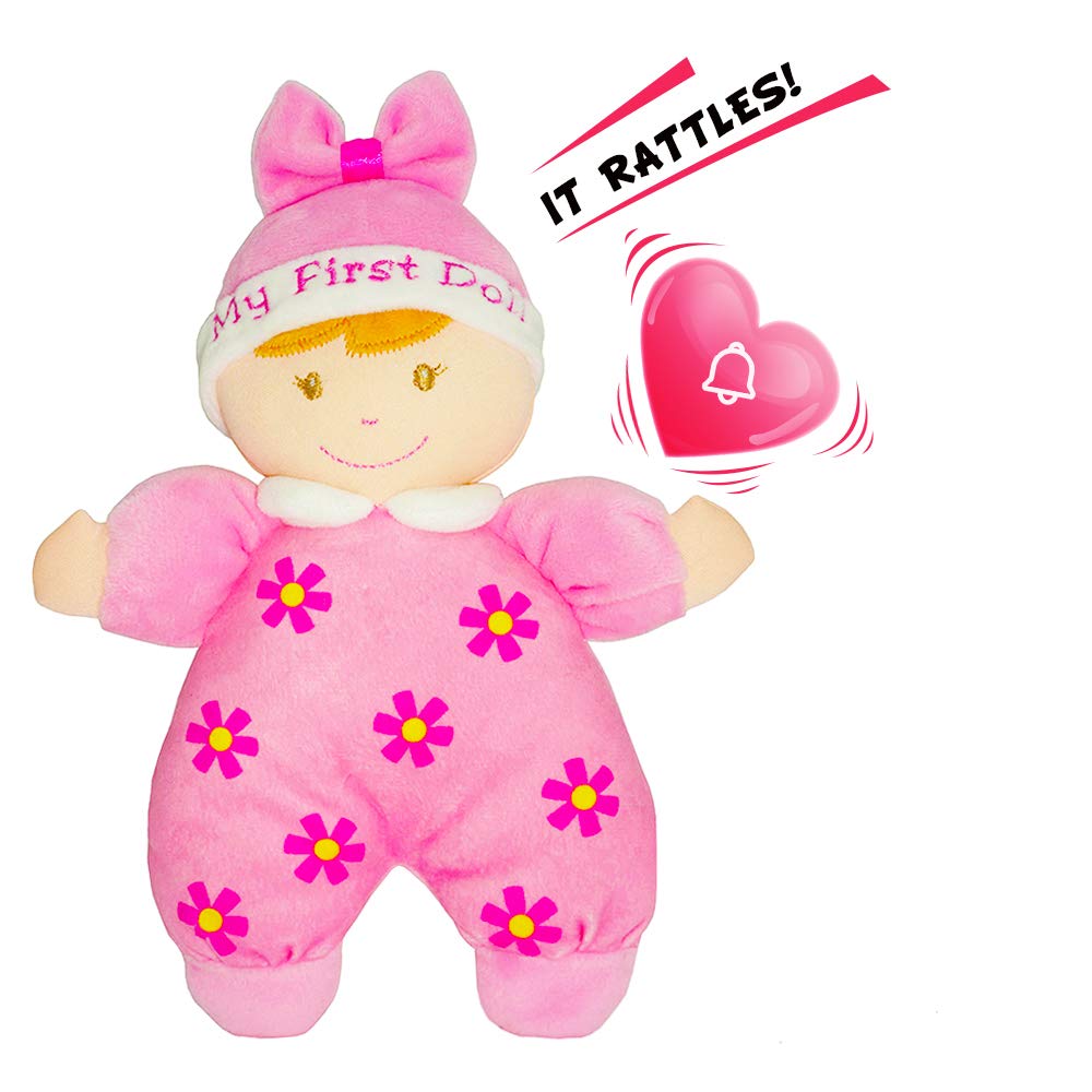 June Garden 9" My First Doll Sienna - Soft Plush Baby Doll with Rattle - Pink Outfit