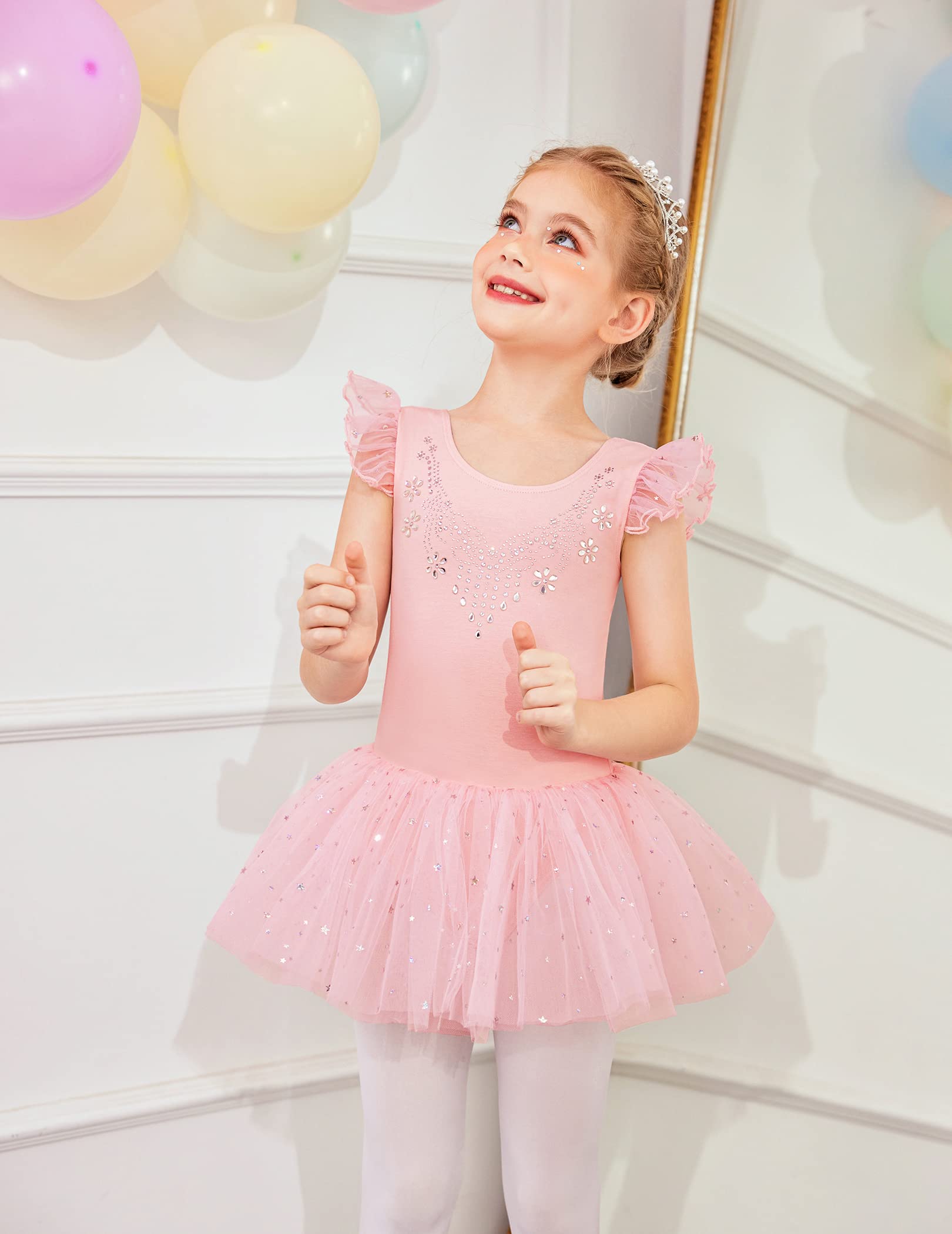 Zaclotre Kid Girls Ruffle Sleeve Ballet Skirted Leotard Shiny Dance Tutu Dresses