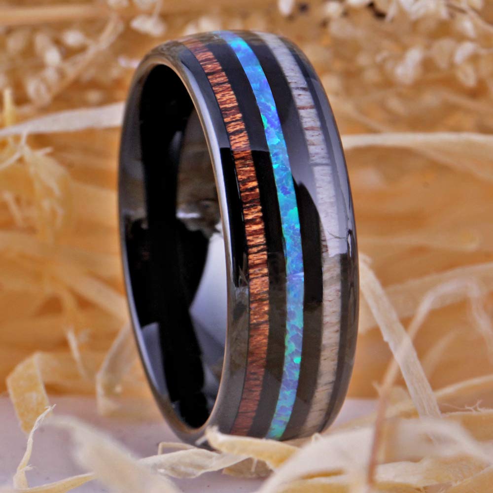 Tungsten Wedding Ring Koa Wood Antler and Real Blue Opal Inlay Vikings Hunting Band - Free Customized Ring (8mm Black, 9.5)