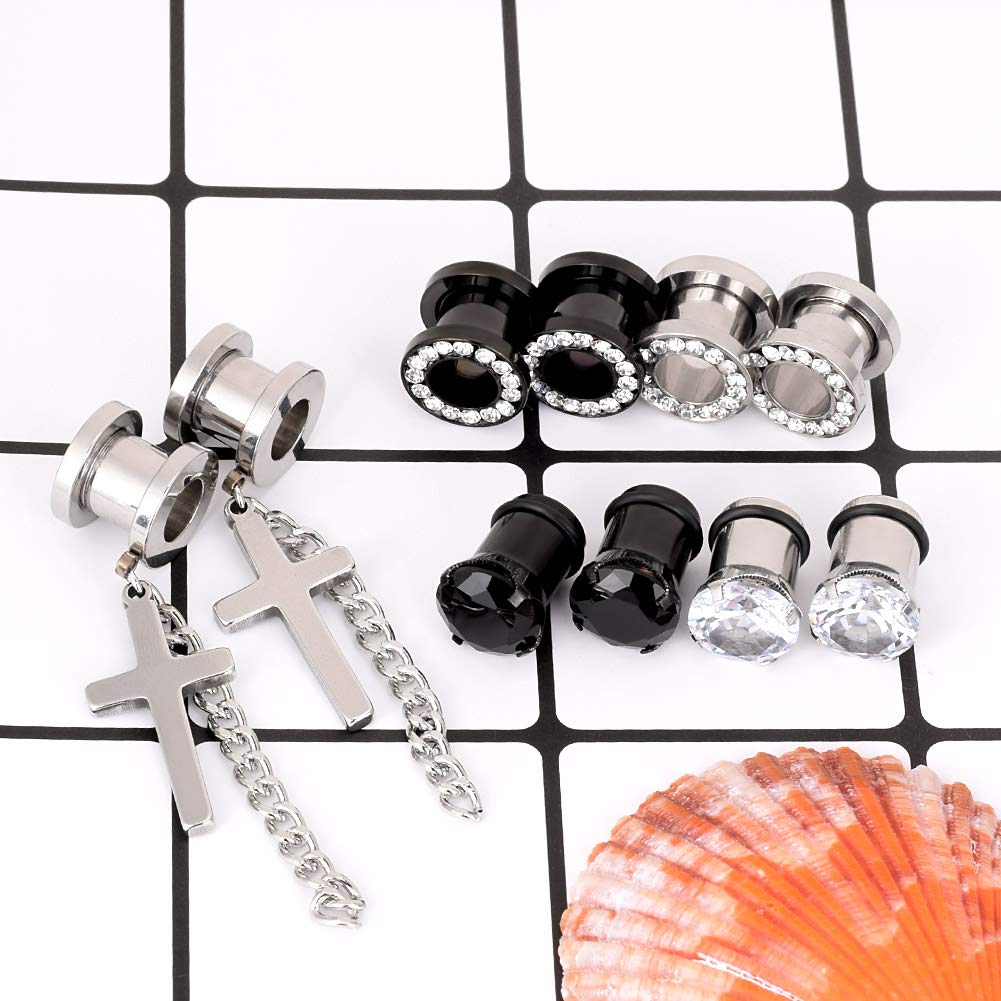 5 Pairs Ear Gauges CZ Diamond Plugs Tunnels Stainless Steel Dangle Cross Earring Expander Stretcher Piercing 0g