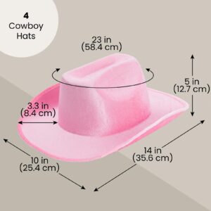 Zodaca 4-Pack Pink Felt Cowboy Hats - Bulk Pack of Cowboy Hats for Women, Girls, Men, Birthday, Party, Bachelorette (Adult Size)