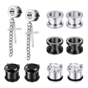 5 pairs ear gauges cz diamond plugs tunnels stainless steel dangle cross earring expander stretcher piercing 0g