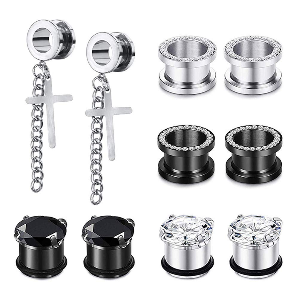 5 Pairs Ear Gauges CZ Diamond Plugs Tunnels Stainless Steel Dangle Cross Earring Expander Stretcher Piercing 0g