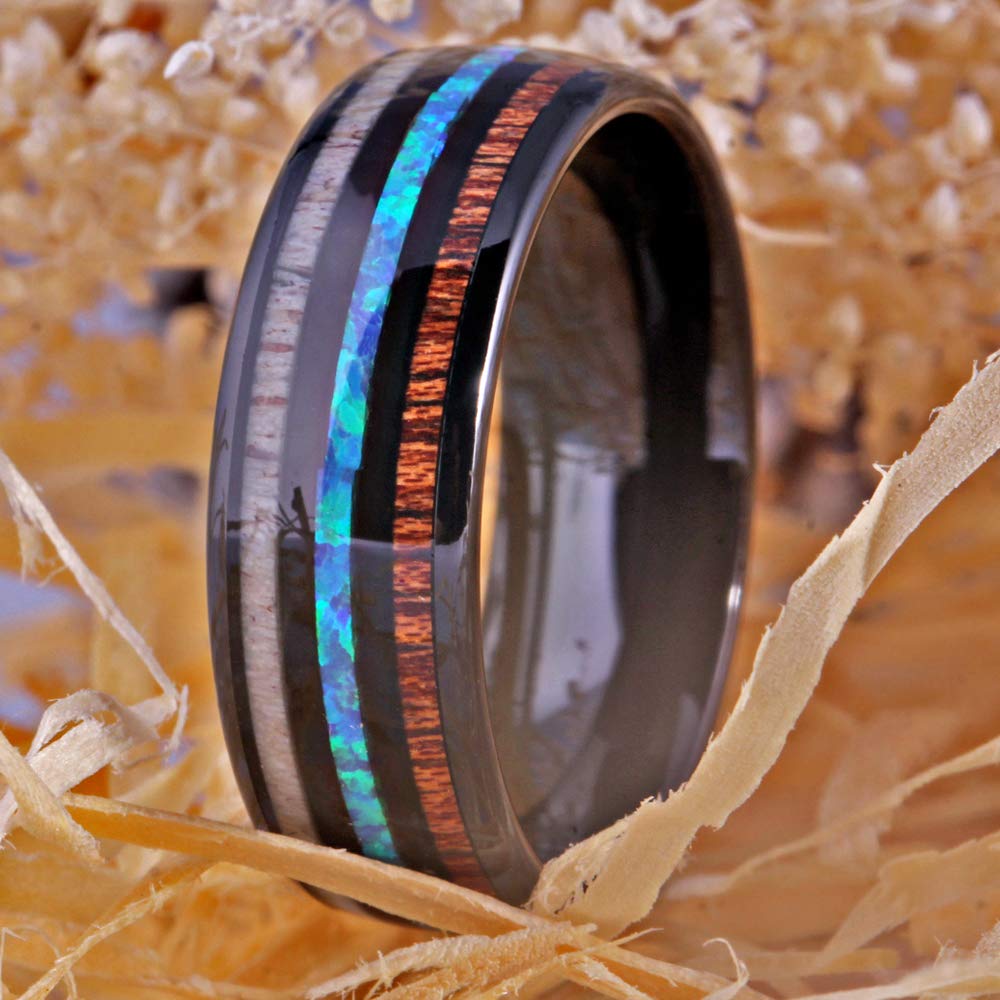 Tungsten Wedding Ring Koa Wood Antler and Real Blue Opal Inlay Vikings Hunting Band - Free Customized Ring (8mm Black, 9.5)