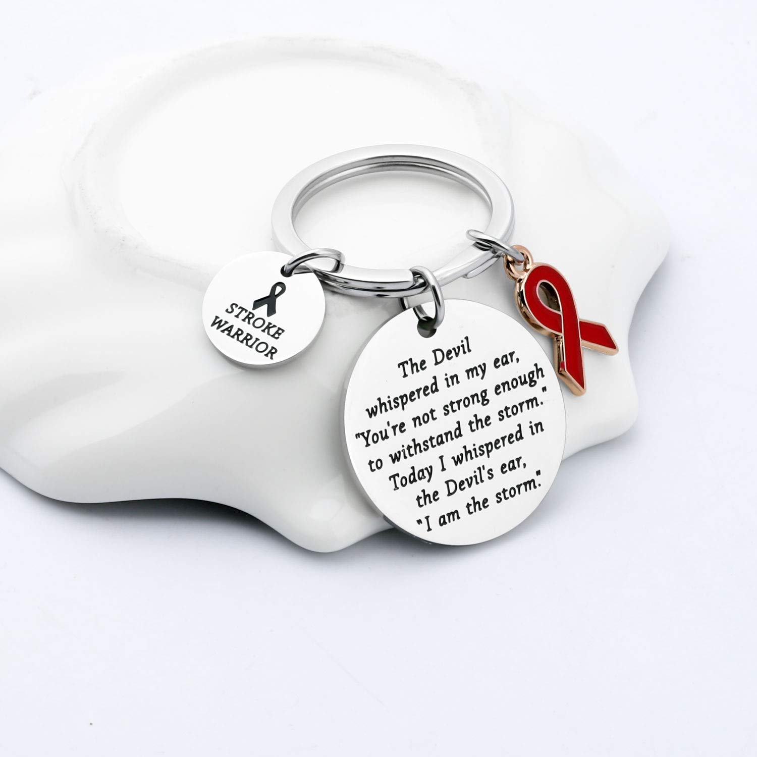 FUSTMW Stroke Awareness Keychain Stroke Warrior Gifts I Am The Storm Stroke Survivor Jewelry Recovery Gifts Red Ribbon Cancer Inspirational Gifts (silver)