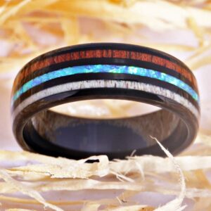 Tungsten Wedding Ring Koa Wood Antler and Real Blue Opal Inlay Vikings Hunting Band - Free Customized Ring (8mm Black, 9.5)