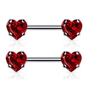 pierced owl 14g stainless steel threadless push-in prong set crystal heart nipple rings, sold as a pair (silver tone/red)