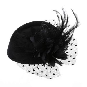 vintage fascinators hats 50s flower feather dress hat tea party cocktail veil pillbox headwear with clips for women (black)