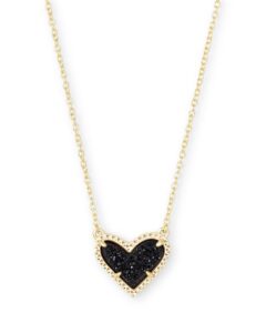 kendra scott ari heart short pendant necklace in 14k gold-plated brass, black drusy, fashion jewelry for women