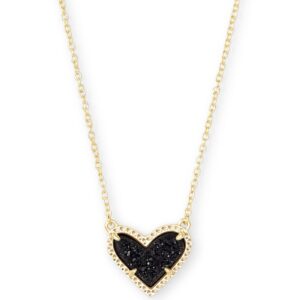 Kendra Scott Ari Heart Short Pendant Necklace in 14k Gold-Plated Brass, Black Drusy, Fashion Jewelry for Women