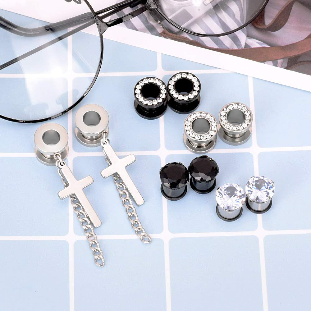 5 Pairs Ear Gauges CZ Diamond Plugs Tunnels Stainless Steel Dangle Cross Earring Expander Stretcher Piercing 0g